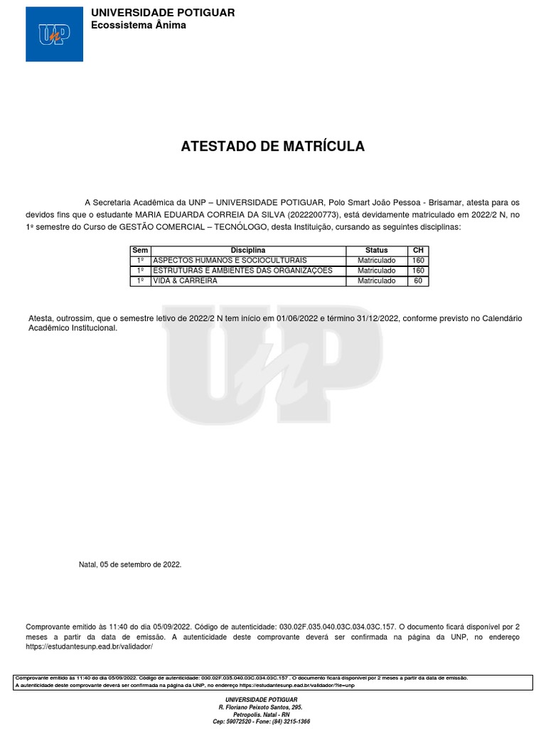 Portal Do Aluno - Atestado de Matrícula Autenticado | PDF