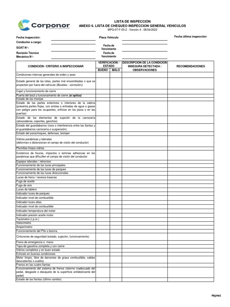 MPG-07-F-05-2 ANEXO 6 INSPECCION Vehiculo v4-2022 | PDF | Industria automotriz | Carros deportivos