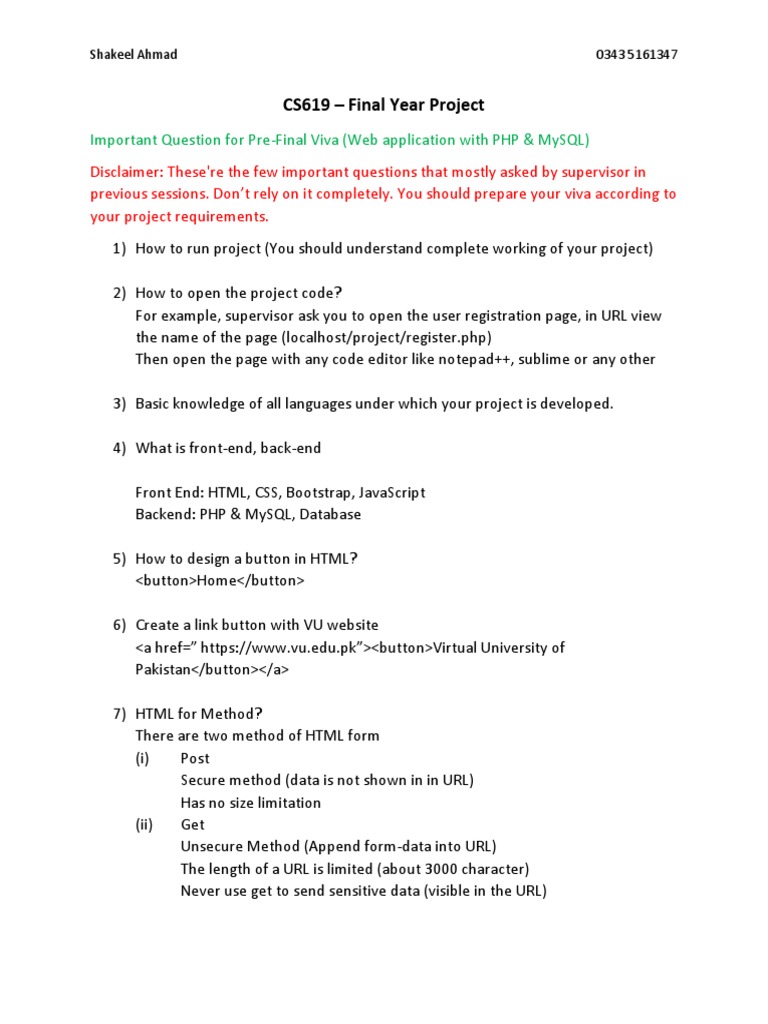 Important questions for a final year PHP and MySQL web application project viva voce | PDF | Php ...