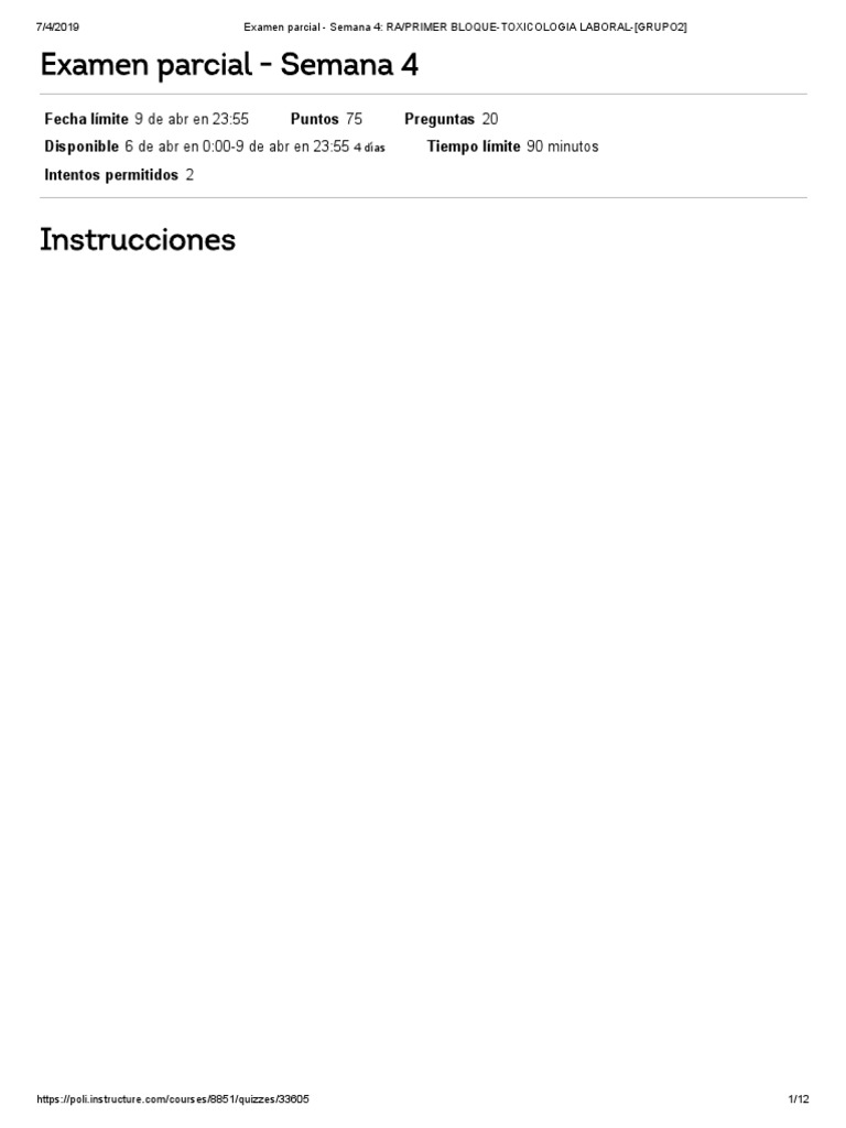 Examen Parcial - Semana 4 - TOXICOLOGIA | PDF | Nervio | Prueba (evaluación)