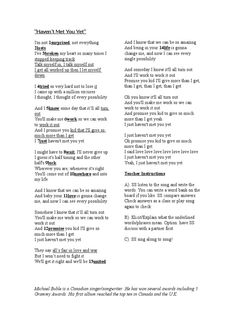 "Haven't Met You Yet" Lyrics Activity | PDF