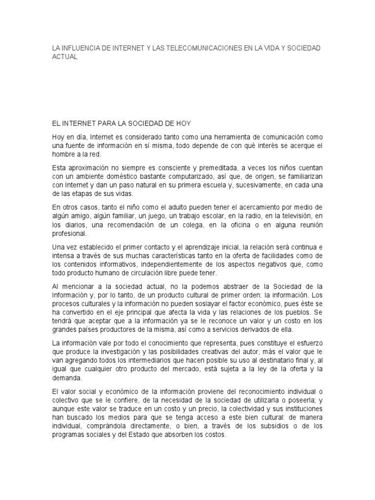 La Influencia de Internet y Las Telecomunicaciones en La Vida y ...
