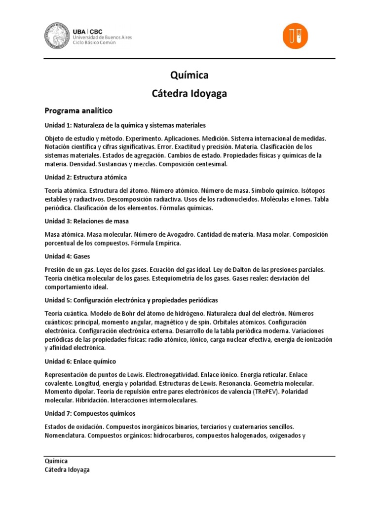 Programa de Química Idoyaga | PDF | Importar | Enlace químico