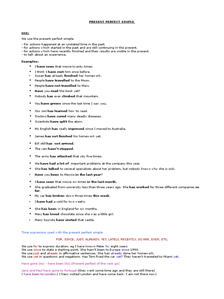 Present Perfect Simple Exercises | PDF