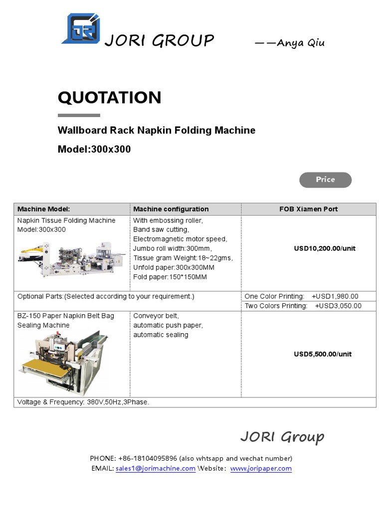 QUOTATION-Wallboard Rack Napkin Folding Machine 300x300 | PDF | Paper ...