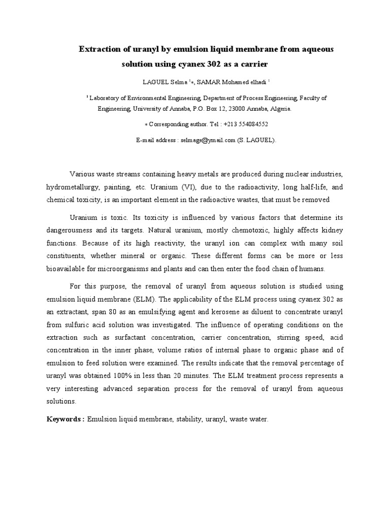 Extraction of Uranyl by Emulsion Liquid Membrane From Aqueous Solution Using Cyanex 302 As A ...