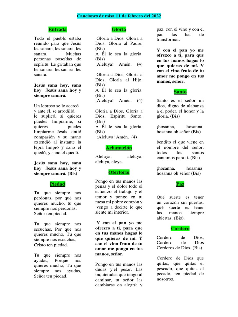 Canciones de Misa para El 11 de Febrero Del 2022 | PDF | Misa (liturgia) | María, madre de Jesús