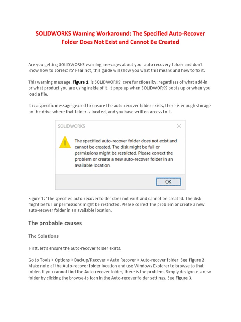 Solidworks Warning Workaround The Specified Auto Recover Folder Does Not Exist And Cannot Be 2592