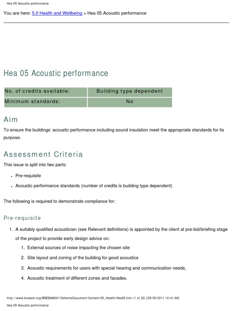 BREEAM Hea 05 Acoustic Performance Standards | PDF | Noise | Acoustics
