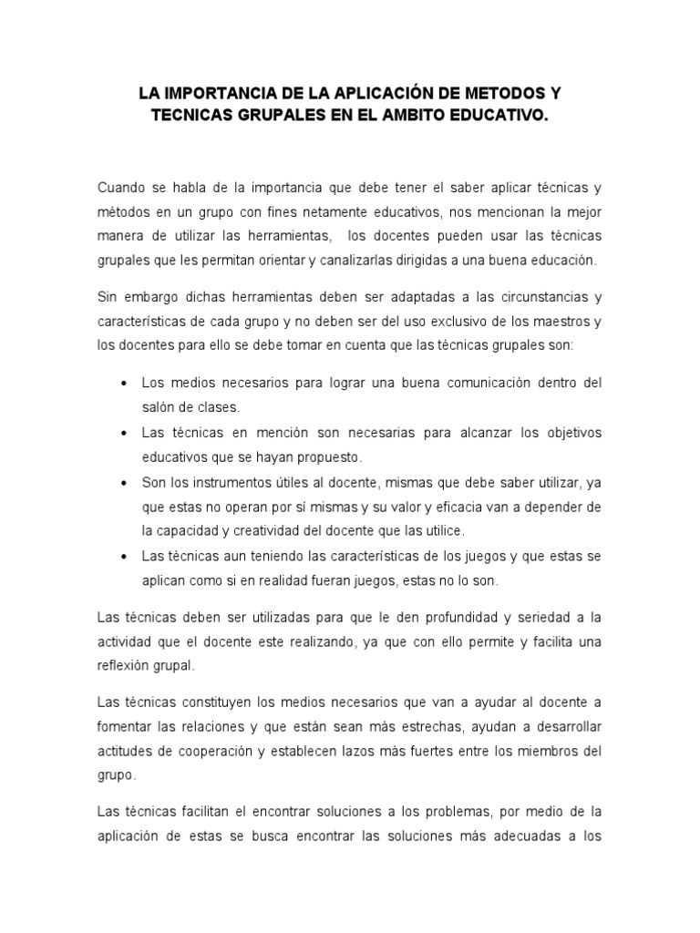 La Importancia de La Aplicación de Metodos y Tecnicas Grupales en El Ambito Educativo | PDF ...