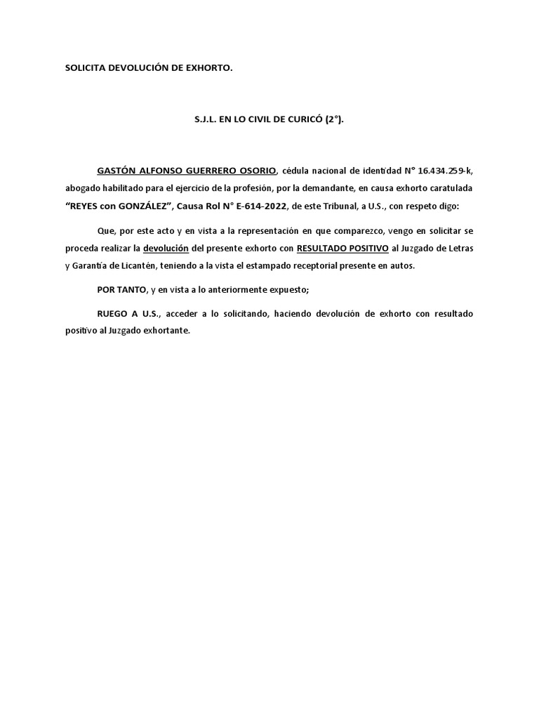 E-416-2022. Solicita Devolución de Exhorto | PDF | Derecho