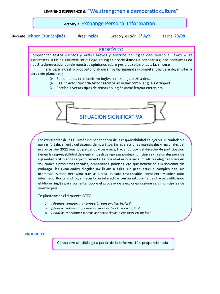 Act - 3 - 5° INGLES | PDF | Idioma en Inglés | Elecciones