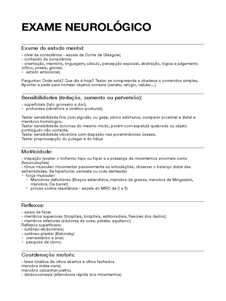 Roteiro - Exame Neurológico PDF | PDF | Sistema nervoso | Neurociência