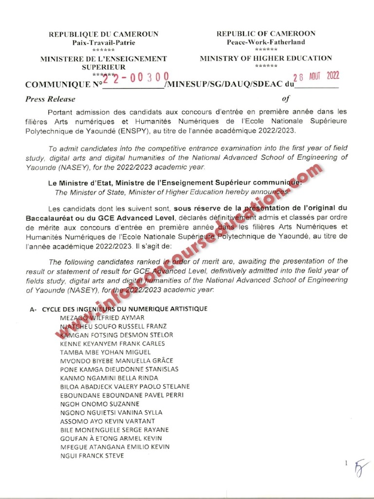 Résultats Enspy 1 2022 Art Num | PDF