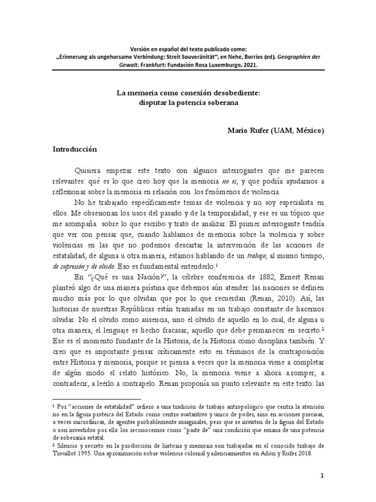 Mario Rufer - La Memoria Como Conexión Desobediente | PDF | Verdad ...
