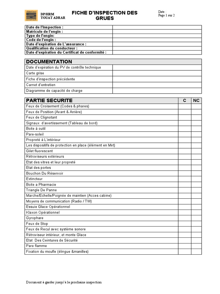 Fiche Inspection Des Grues | PDF | Véhicules | Industrie automobile