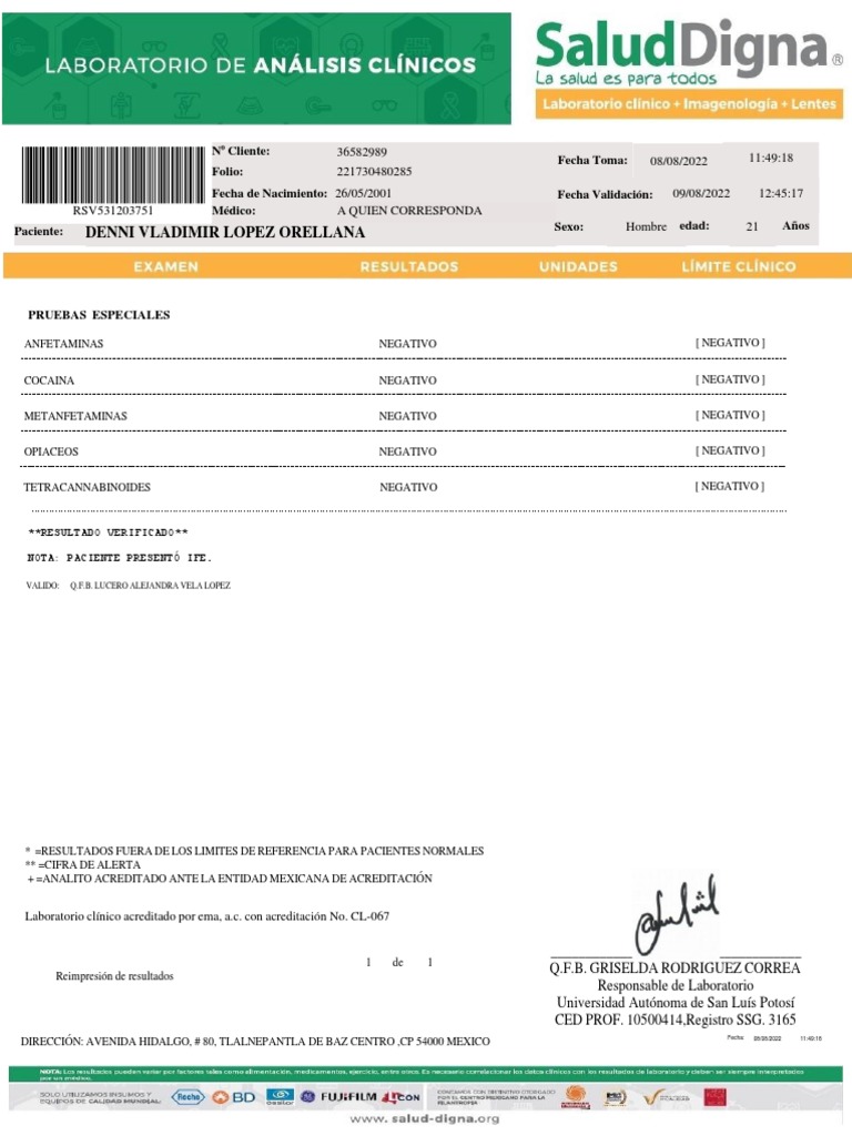 Resultados de Pruebas Toxicológicas | PDF | Medicina