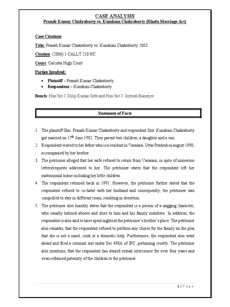 Pranab Kumar Chakraborty vs. Kumkum Chakraborty (Hindu Marriage Act) | PDF | Divorce | Marriage