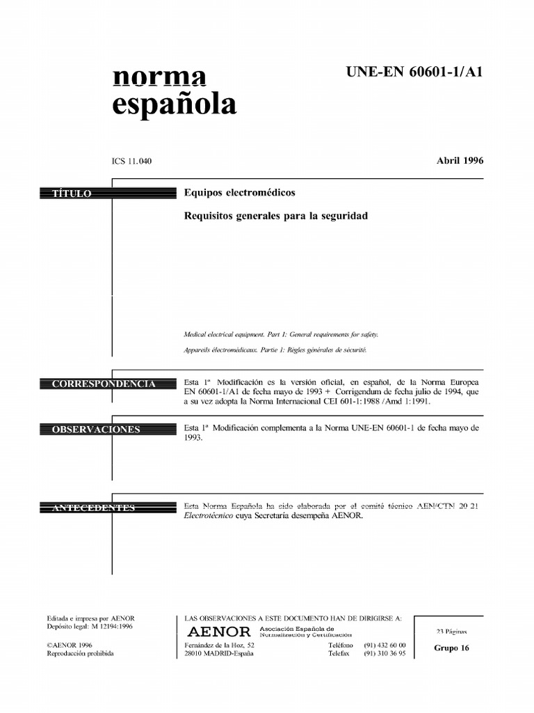 UNE 60601-1 Requisitos Generales para La Seguridad y Funcionamiento ...