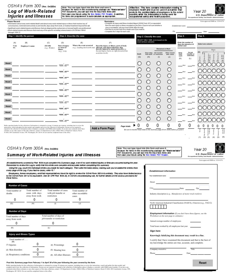 Osha 300 Forms | PDF | Occupational Safety And Health | Occupational ...