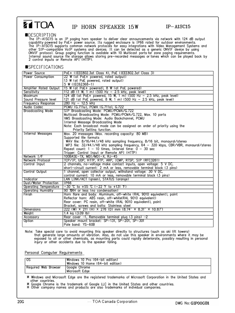 IP Horn Speaker 15W Datasheet | PDF | Loudspeaker | Session Initiation Protocol