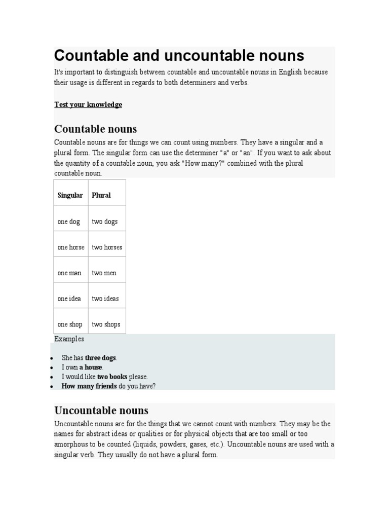 Countable and Uncountable Nouns | Download Free PDF | Grammatical ...