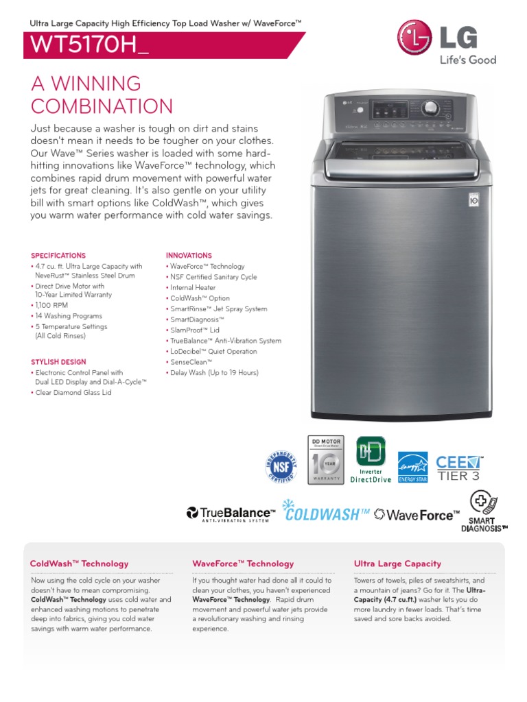 LG_WT5170 Washer Spec Sheet | PDF | Washing Machine | Manufactured Goods
