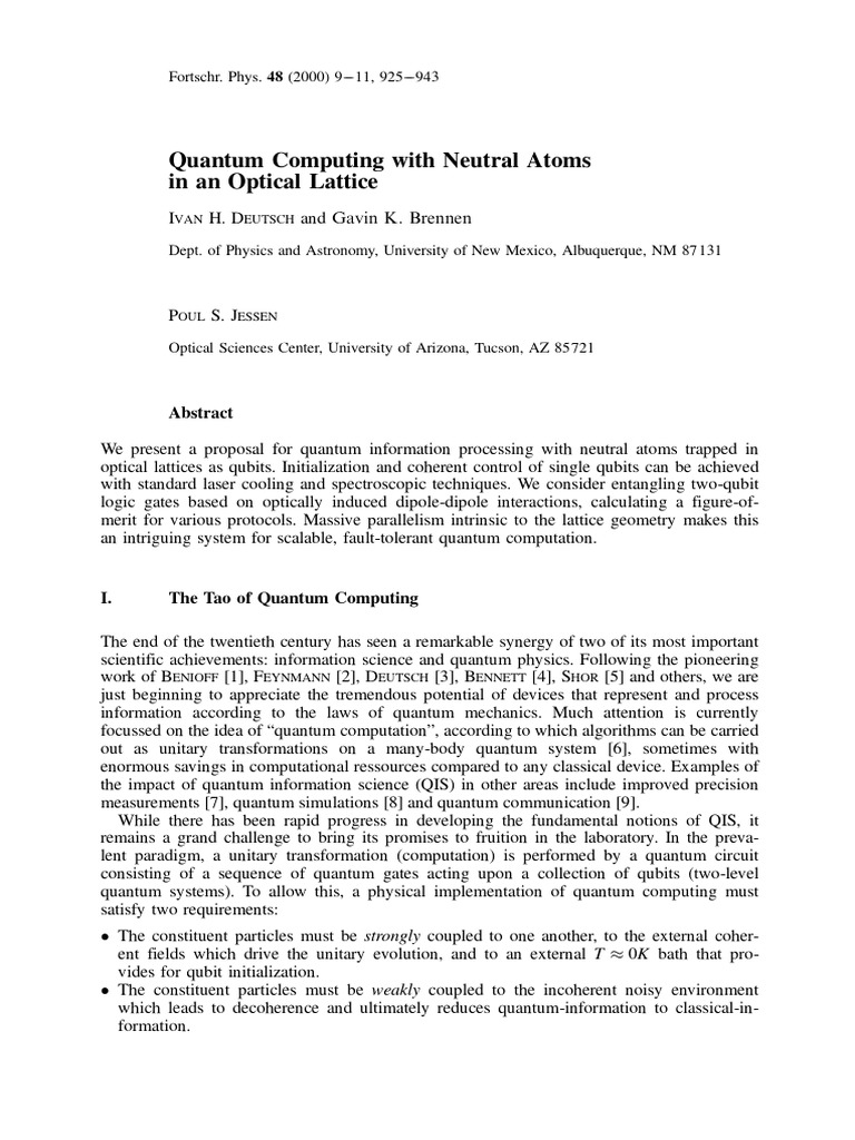 Quantum Computing With Neutral Atoms in An Optical Lattice ...