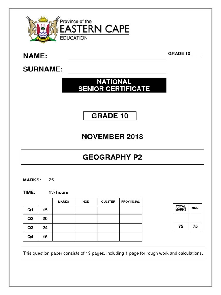 Geography p2 Gr10 QP Nov 2018 Eng | PDF | Topography | Geographic ...
