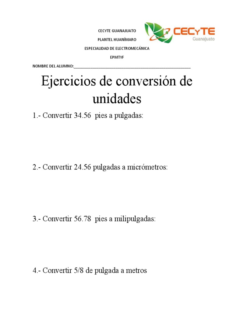 Ejercicios de Conversión de Unidades. | PDF