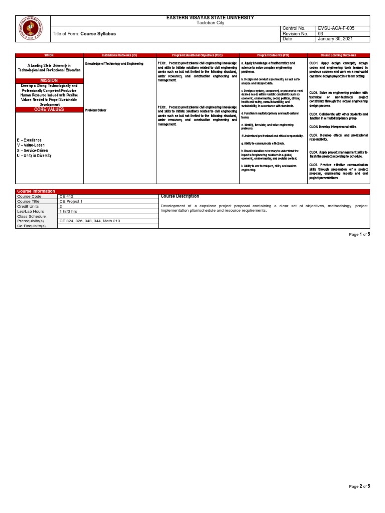 CE 412 CE Project I Course Syllabus | PDF | Engineering | Design