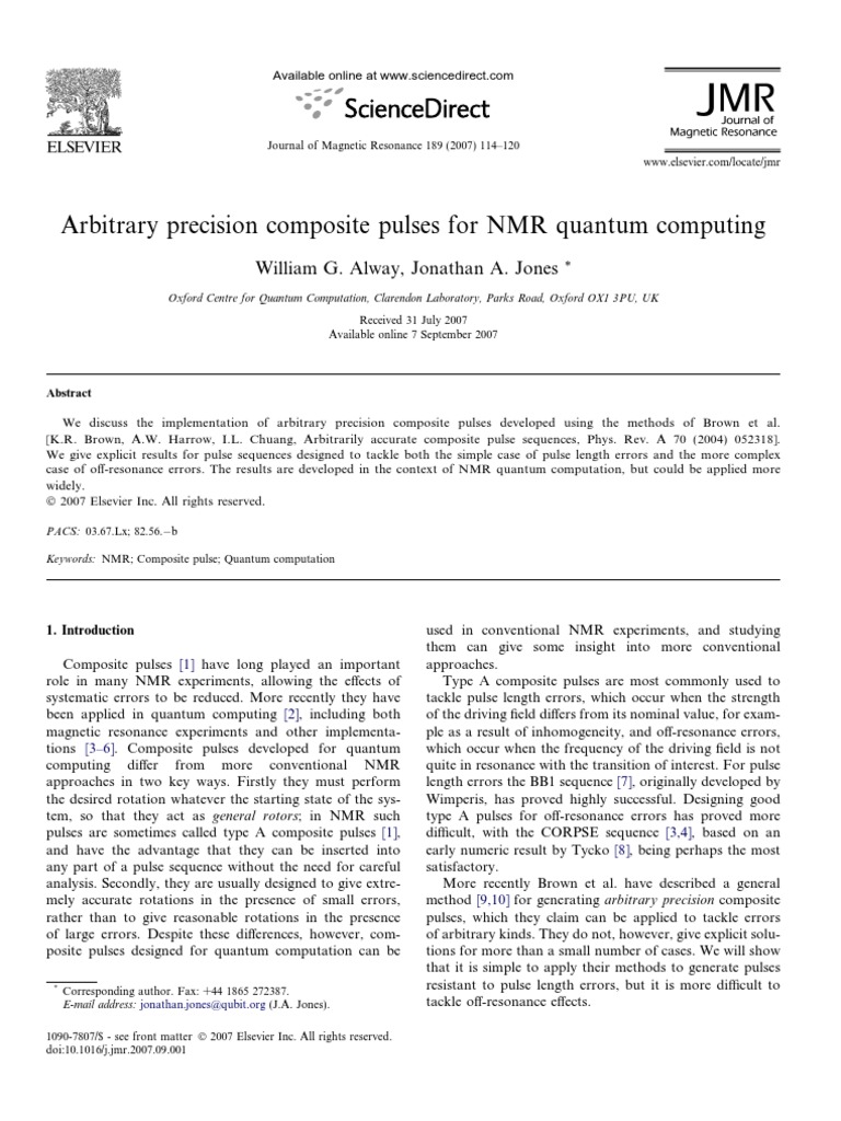 Arbitrary Precision Composite Pulses For NMR Quantum Computing (Journal of Magnetic Resonance ...