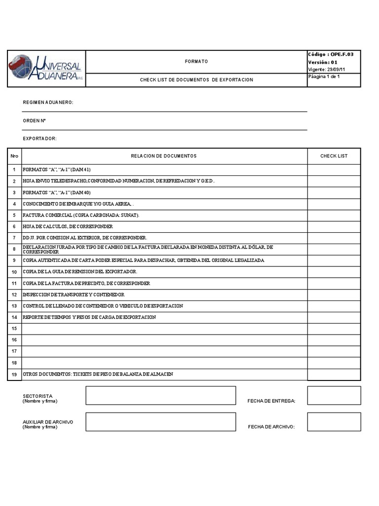 Check List de Documentos de Exportacion Ope.f.03 | PDF