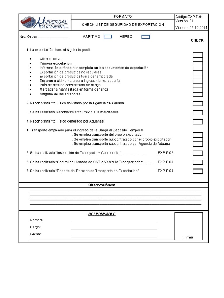 Check List de Seguridad de Documentos de Exportacion Exp.f.01 | PDF ...