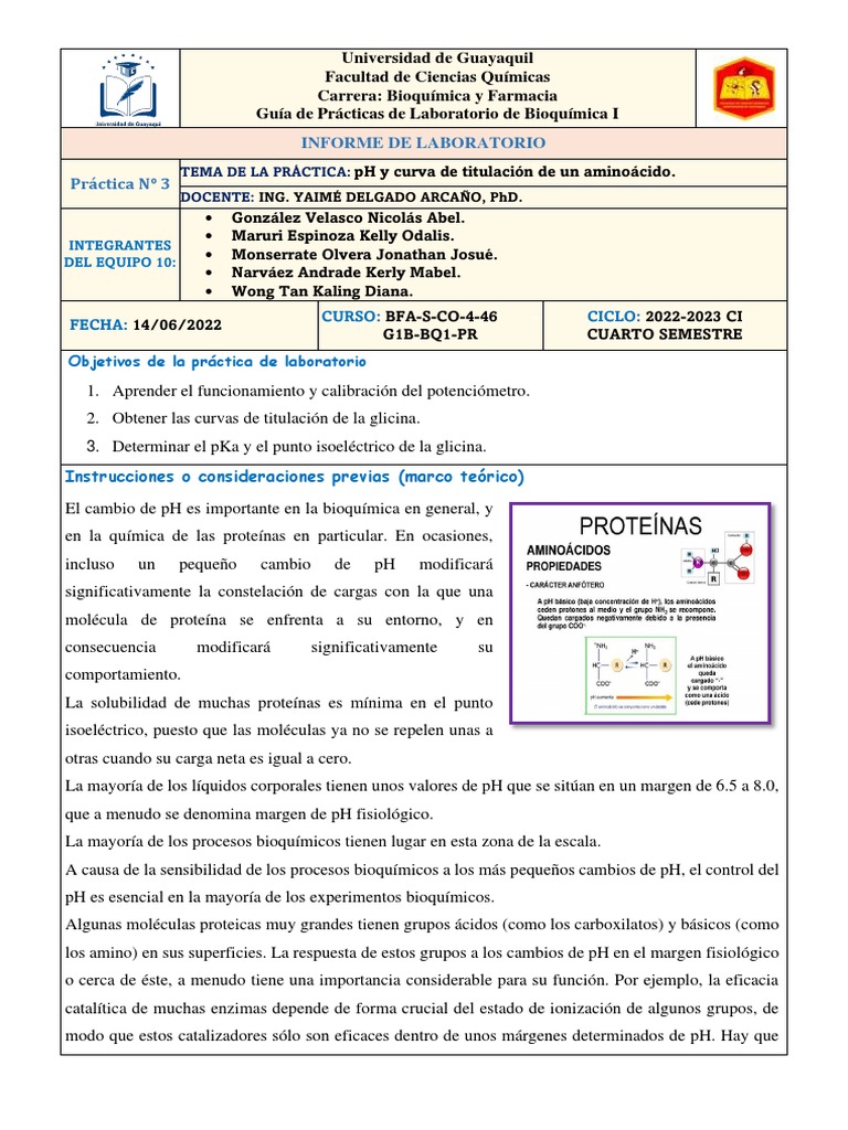 INFORME N°3 - PH y Curva de Titulación de Un Aminoácido - Equipo N°10 - Bioquímica I | PDF ...