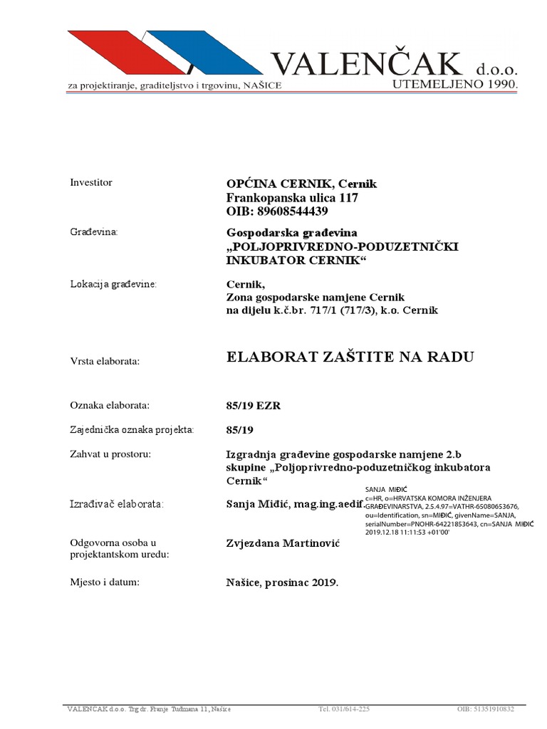 Elaborat Zastite Na Radu Za Inkubator Cernik | PDF