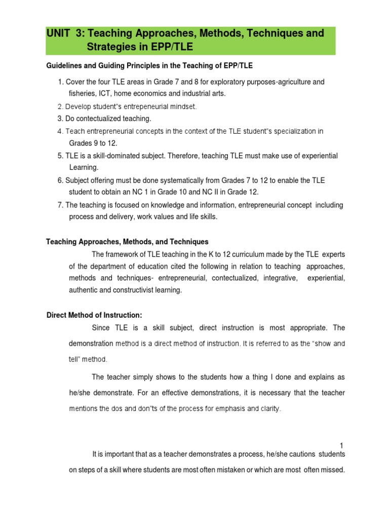 TLE 1-Unit 3-4 Teaching Strategies and Assessment Methods in TLE | PDF ...