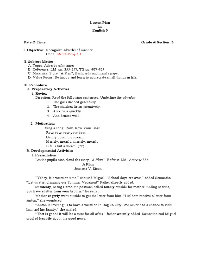 Grade 3 Adverbs of Manner Lesson Plan | PDF | Adverb | Linguistic ...