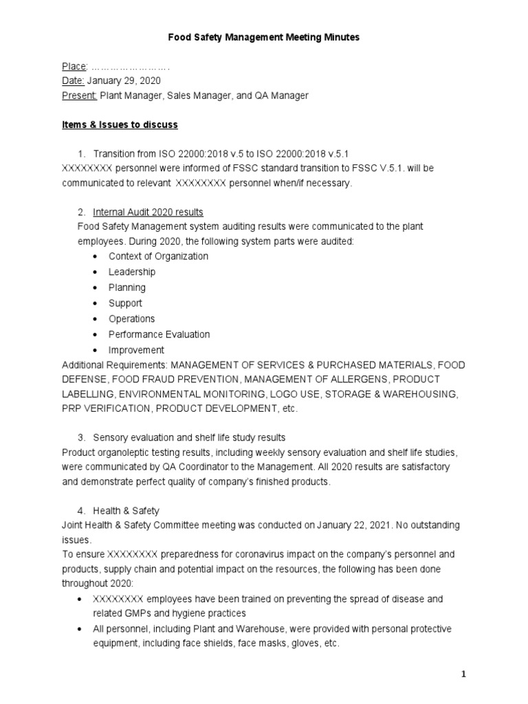 Management Meeting Minutes - Jan 2021 - SAMPLE | PDF | Food Safety | Audit