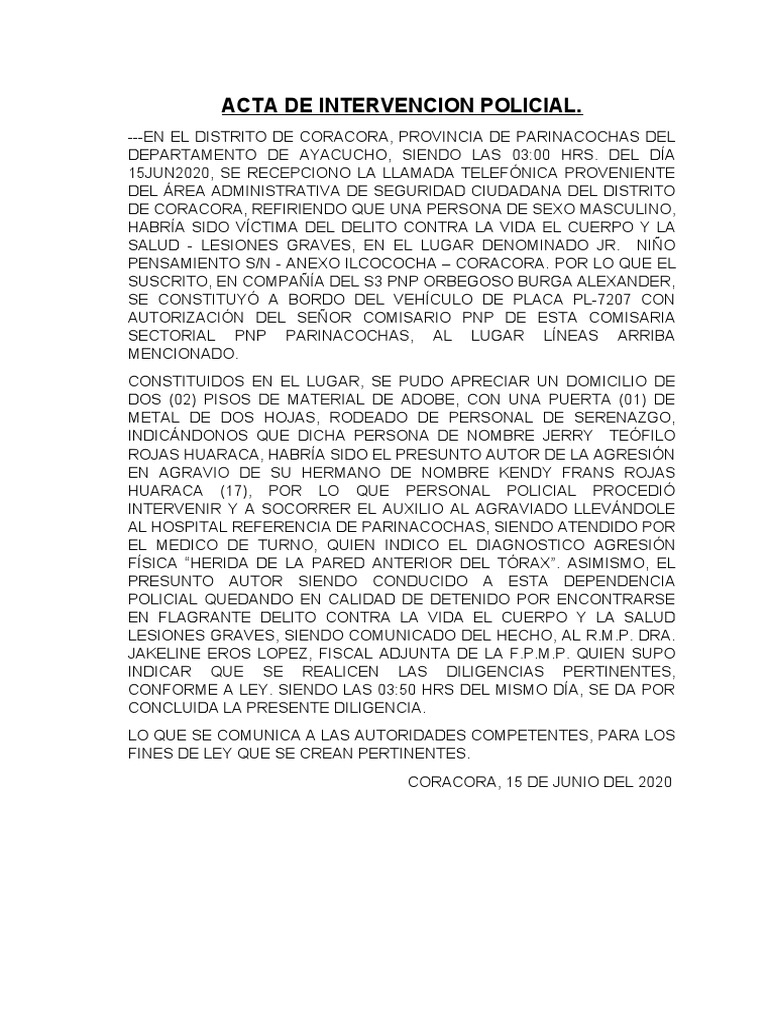 Acta de Intervencion Policial Cia PNP Coracora | Descargar gratis PDF | La violencia contra las ...