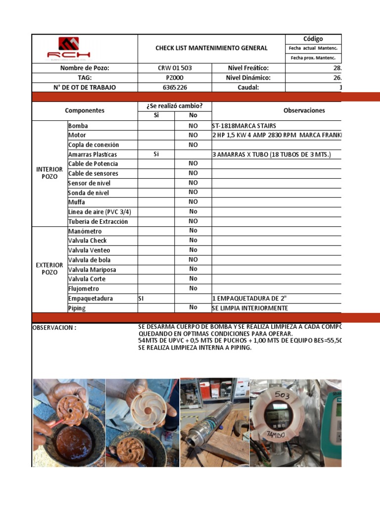 Check List Mantenimiento General - Poz0 CRW 01 503 El Tambo 31-08-2021 ...