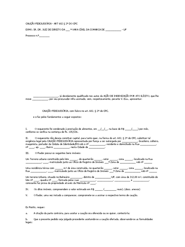 CAUÇÃO FIDEJUSSÓRIA - Art 602, 2 CPC | PDF | Sentença (jurídico ...