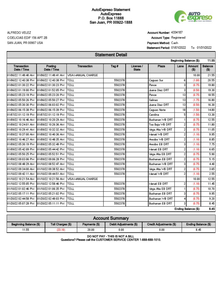 Statement Detail: Autoexpreso Statement Autoexpreso P.O. Box 11888 San ...