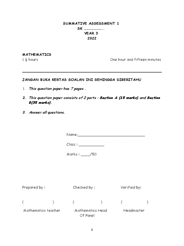 Mathematics Summative Assessment Year 3 | PDF | Mathematics | Arithmetic