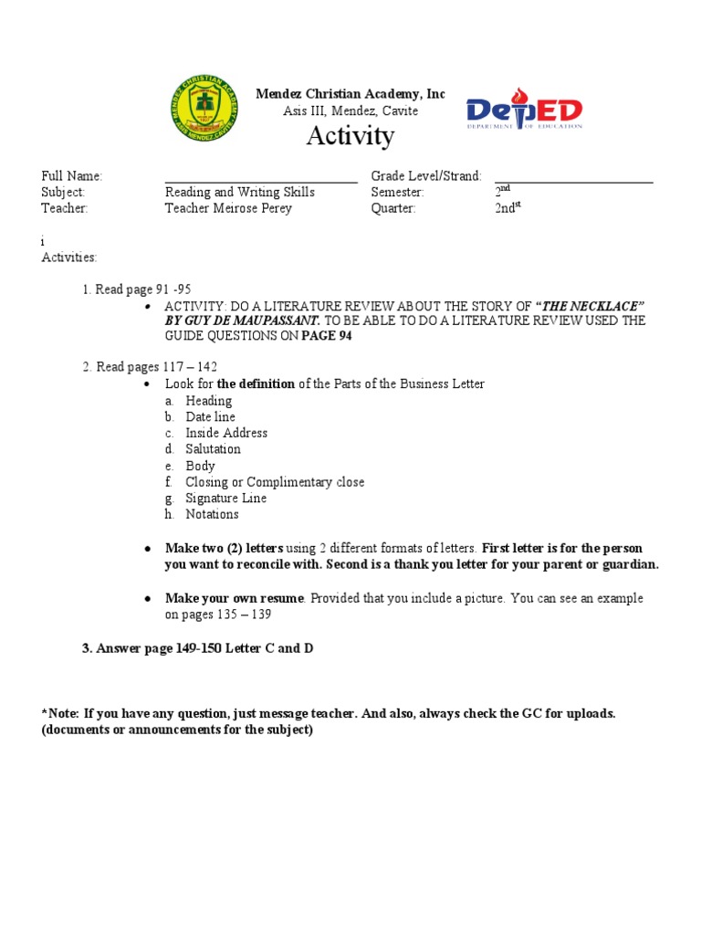 Reading and Writing Skills Activities | PDF