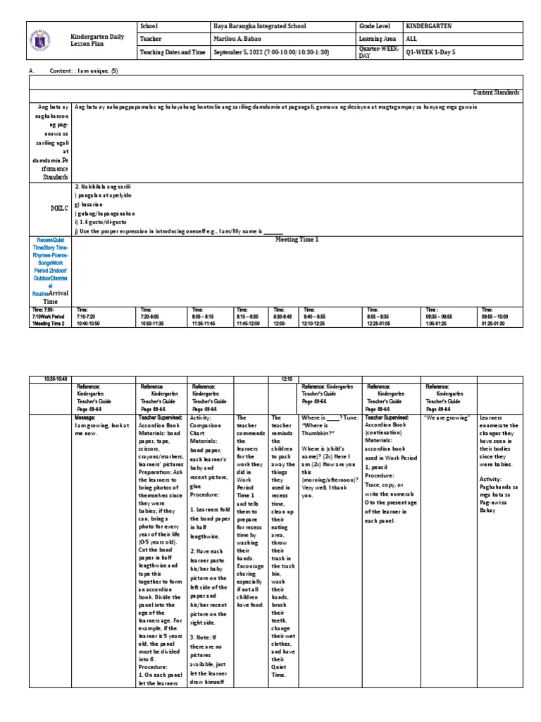 Q1-Week 1-Day 5-DLP-Kinder | PDF | Learning | Teachers