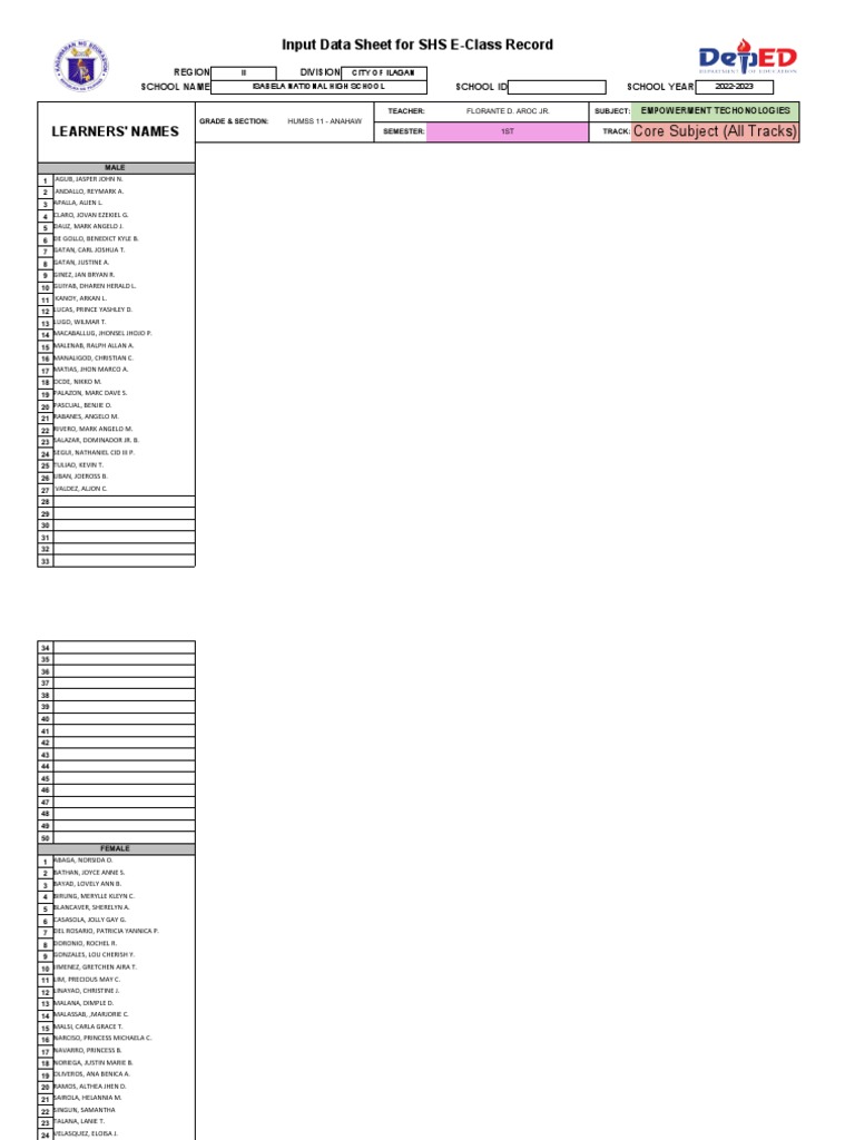 SHS E-Class Record for HUMSS 11 | PDF