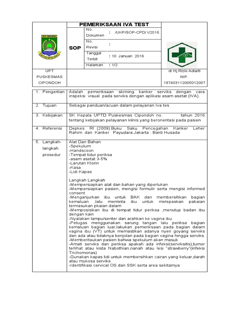 Prosedur IVA Test di Puskesmas Cipondoh | PDF