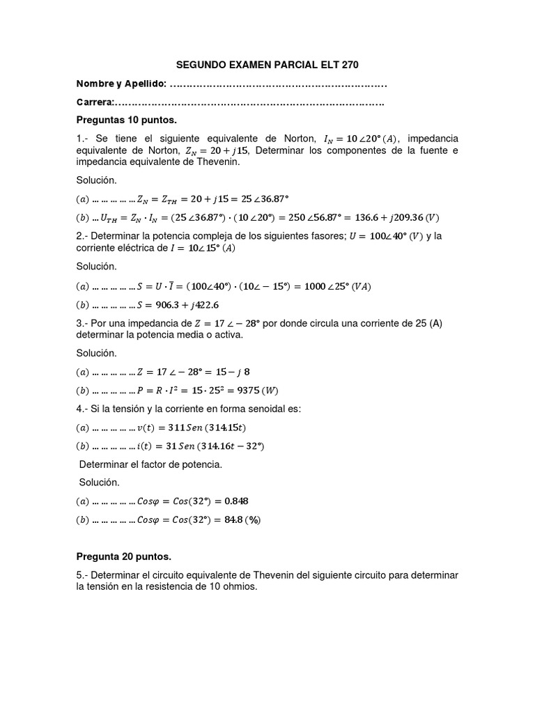 Segundo Examen Parcial Elt 270 - Sol-1 | PDF | Circuitos electricos ... Segundo Examen Parcial Elt 270 - Sol-1 | PDF | Circuitos electricos ...