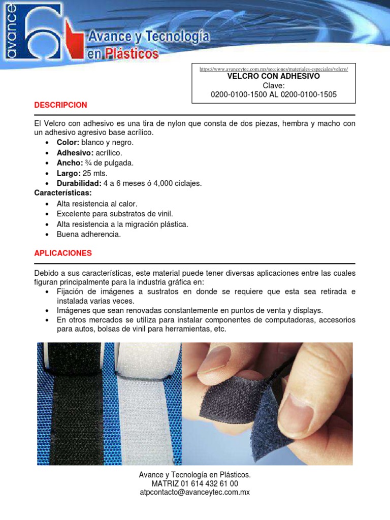 Ficha Tecnica Velcro Con Adhesivo 0200 0100 1500 Al 0200 0100 1505 ...